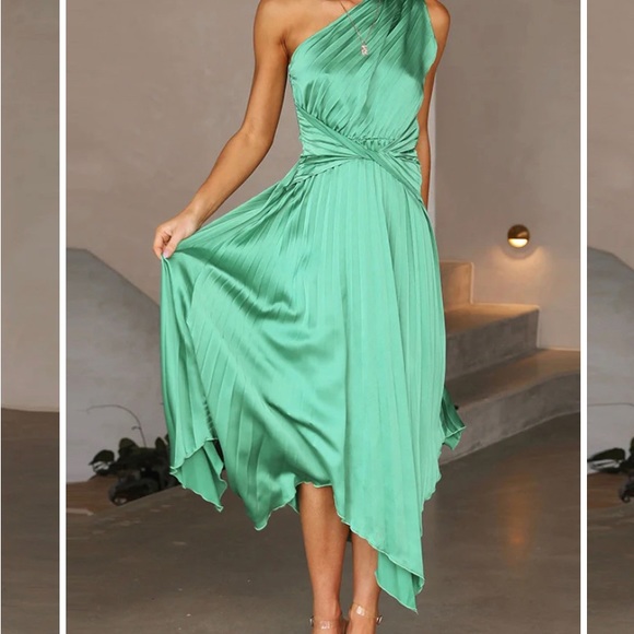 lilykity | Dresses | Green Pleated Dress Satin One Shoulder Pleated ...